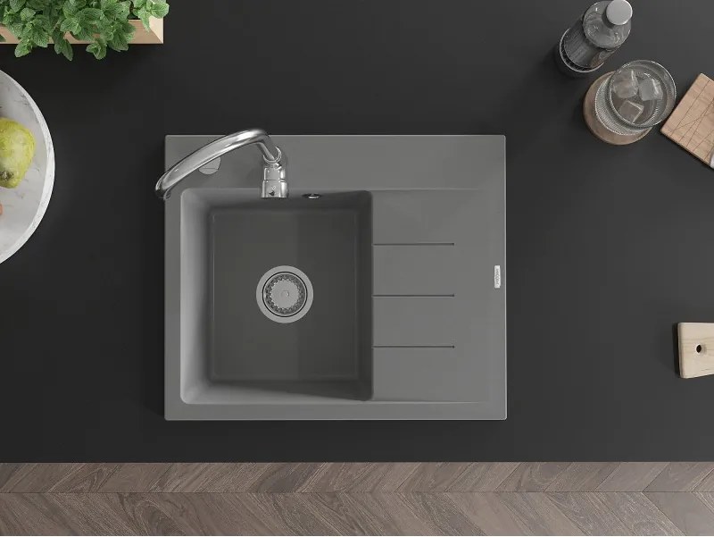 Mexen Ben, 1-komorový granitový dřez 600x500x190 mm, levý+ chromový sifon, šedá, 6522605000-71