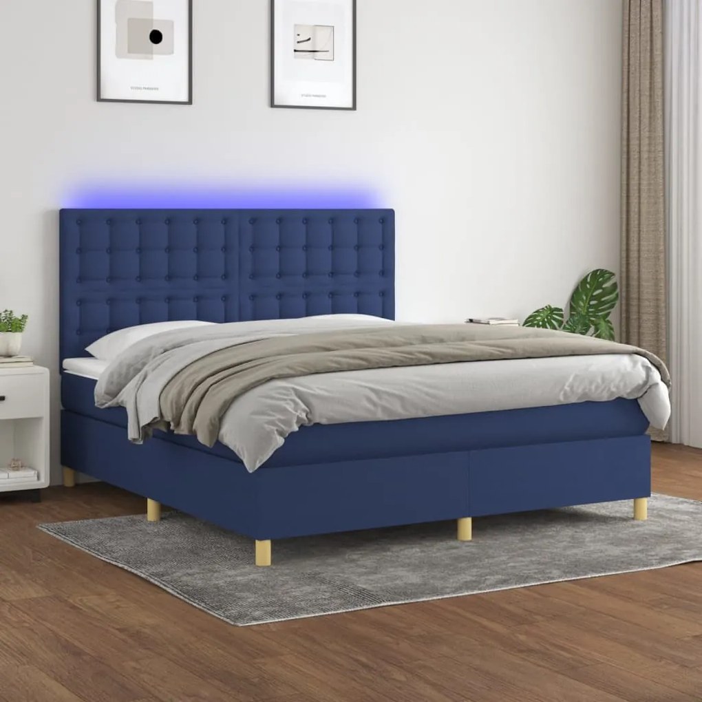 Box spring postel s matrací a LED modrá 180x200 cm textil