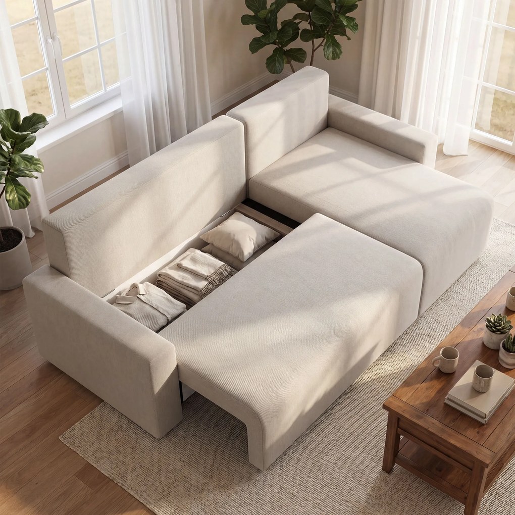 HOMCOM rozkládací rohová pohovka L, 3místná s otočnou chaise – béžový umělý semiš