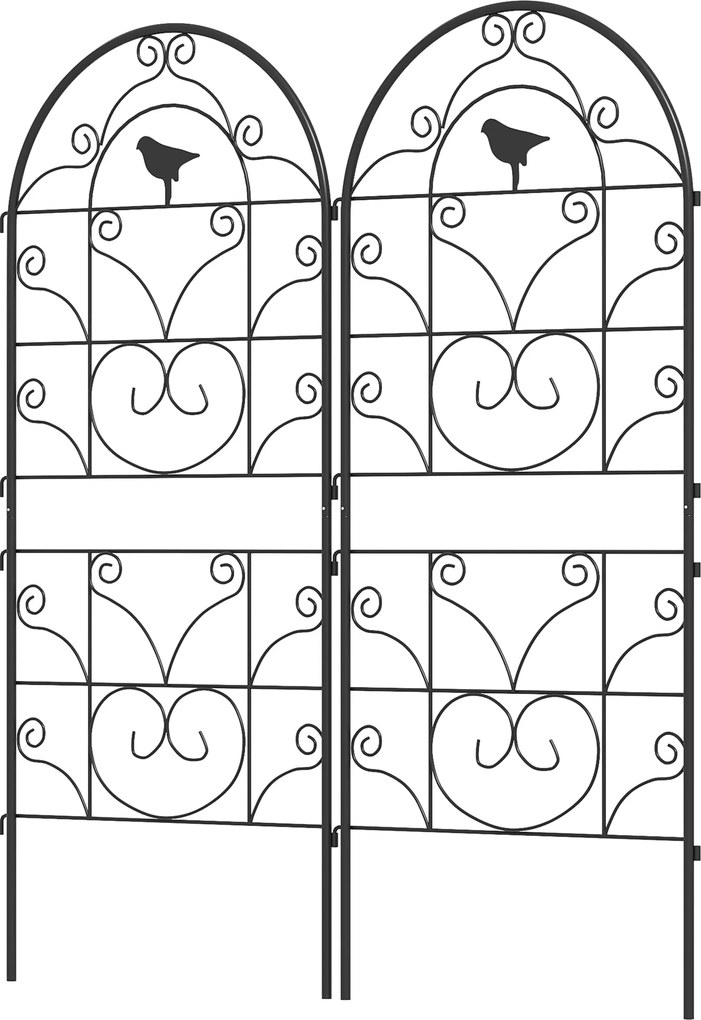 Sada dvou kovových treláží Outsunny pro rostliny - bezrezová treláž s motivem ptáčka pro popínavé rostliny, rozměry 50x120 cm, treláž pro pokojové ros