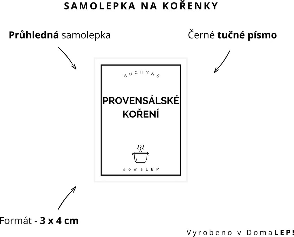 PROVENSÁLSKÉ KOŘENÍ - Samolepka na kořenky 3 x 4 cm - DomaLEP varianta: PRŮHLEDNÁ - tučné písmo