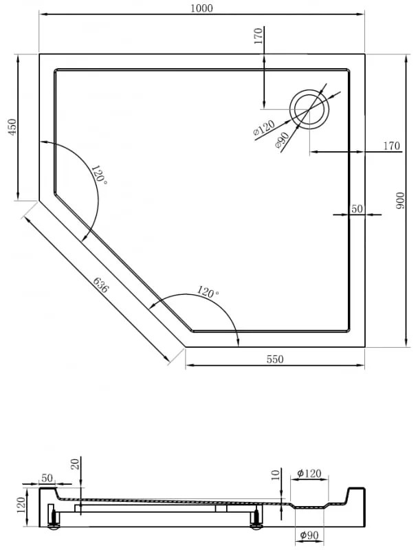 Mexen Flow+, pětiúhelníková sprchová vanička, pravá, 100 x 90 cm, bílá lesklá, 46P109010RH
