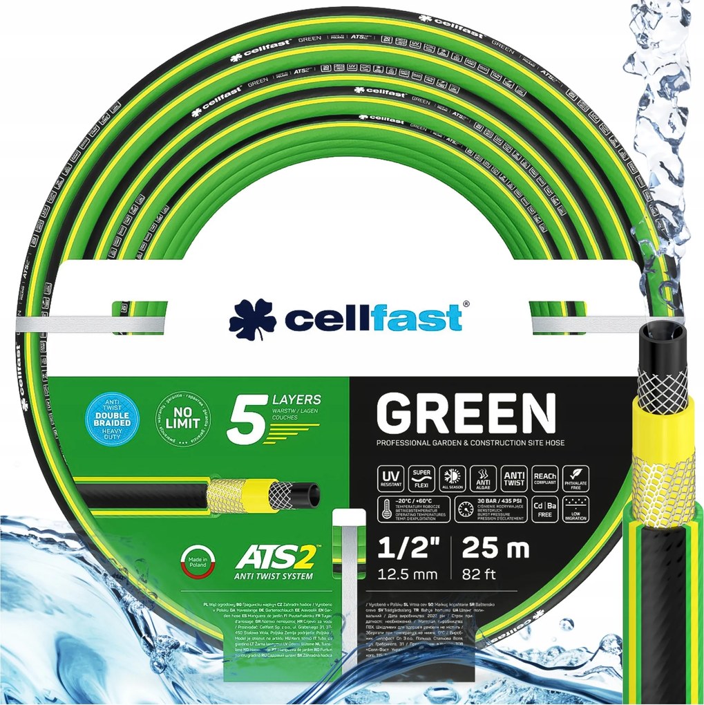 Zahradní Hadice 1/2" 25 m Silná Cellfast 5-VRSTEV Flexibilní Odolná Green ATS2