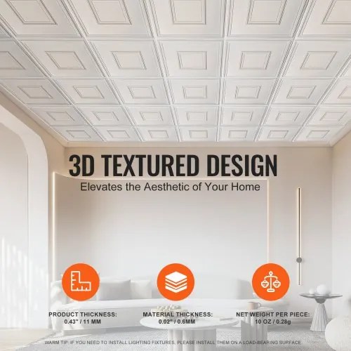Stropní dlaždice 12-balení 24 × 24 V PVC Snadná instalace Bílá geometrická