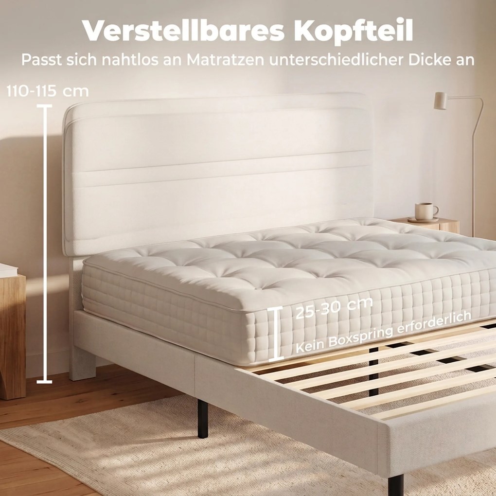 HOMCOM Postelový rám 140 x 200 cm s nastavitelným čelem, čalouněná postel s lněným vzhledem se 12 překližkovými laťkami, béžová