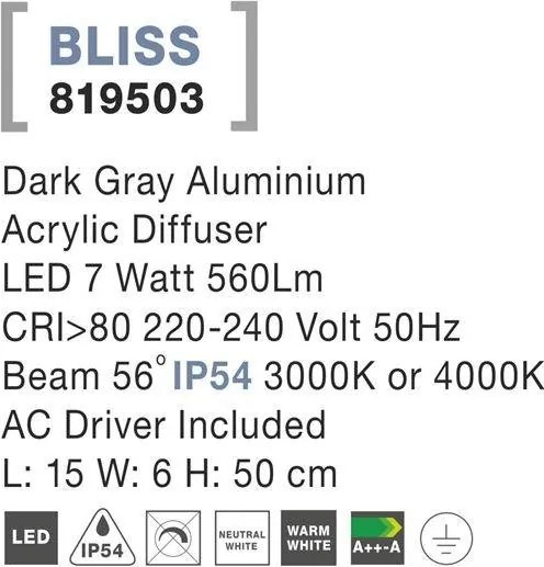 NV 819503 Venkovní sloupkové svítidlo BLISS tmavě šedý hliník akrylový difuzor LED 7W 3000K 220-240V 56st. IP54 vč. driveru - NOVA LUCE