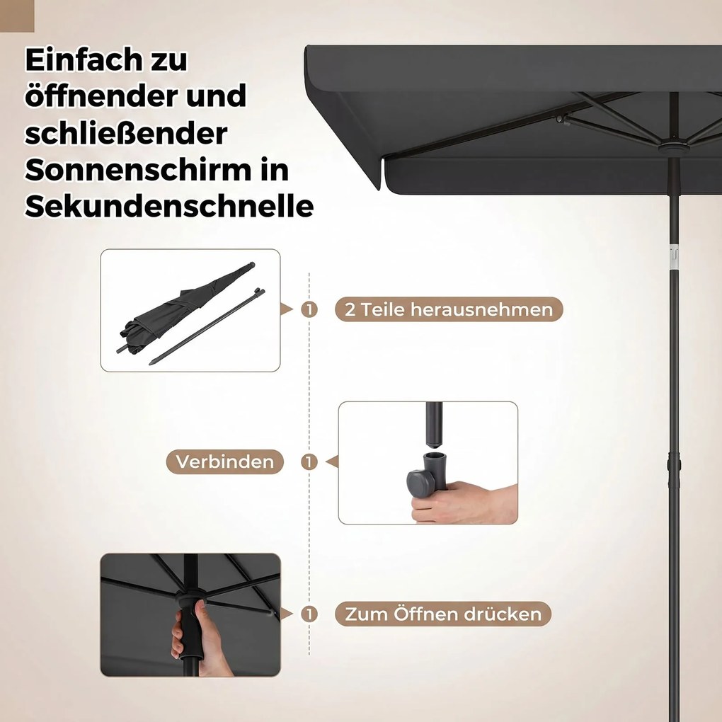 Costway Slunečník Obdélníkový s úhlem sklonu 30° Ohebný – 200 × 130 cm, šedá