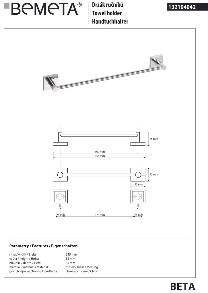 Bemeta Design BETA: Držák ručníků, 600 mm - 132104042