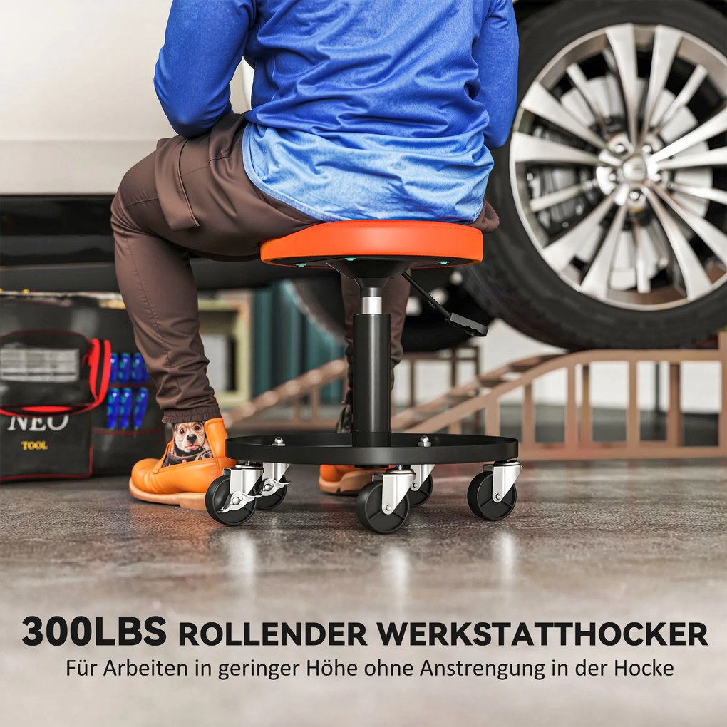 HOMCOM Pracovní stolička s kolečky, úložný prostor, nastavitelná výška 38-50 cm, otočná stolička s nosností do 135 kg, otočné sedadlo, pracovní houpa…