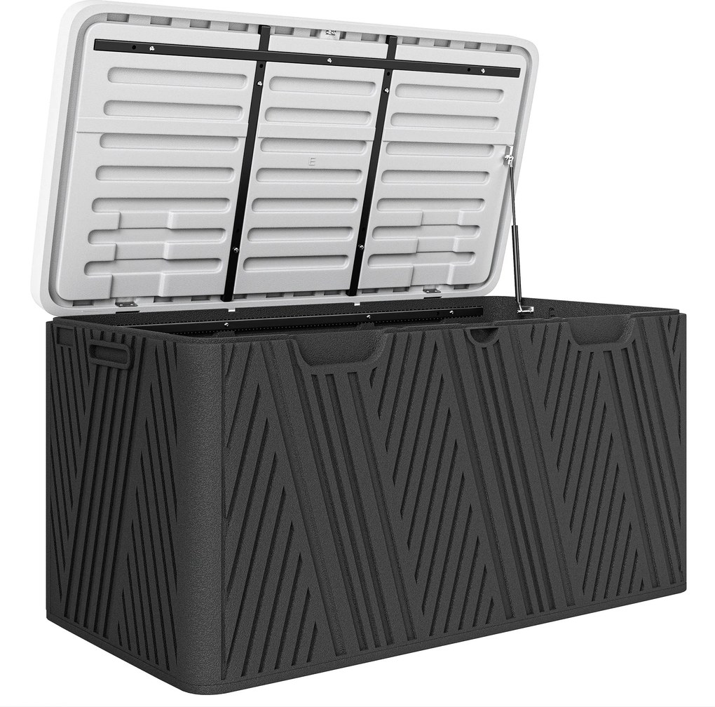 Outsunny 380L zahradní úložná lavice s plynovým pístem a 2 bočními držadly, voděodolná HDPE zahradní úložná sedačka, UV ochrana, 115x60x60 cm, černá …