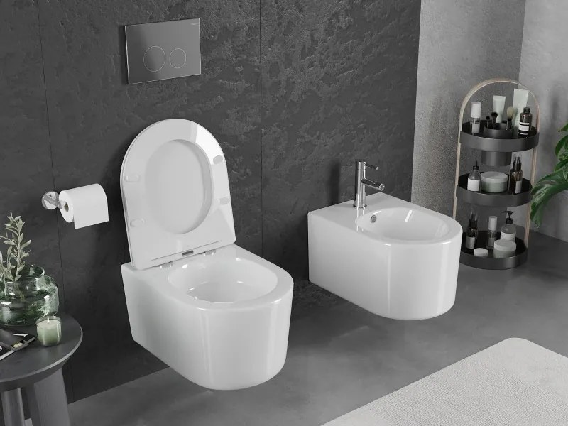 Mexen Sofia, závěsná WC mísa 490x360x355 mm, Rimless Tornádo + WC sedátko z duroplastu, bílá lesklá, 30540300T