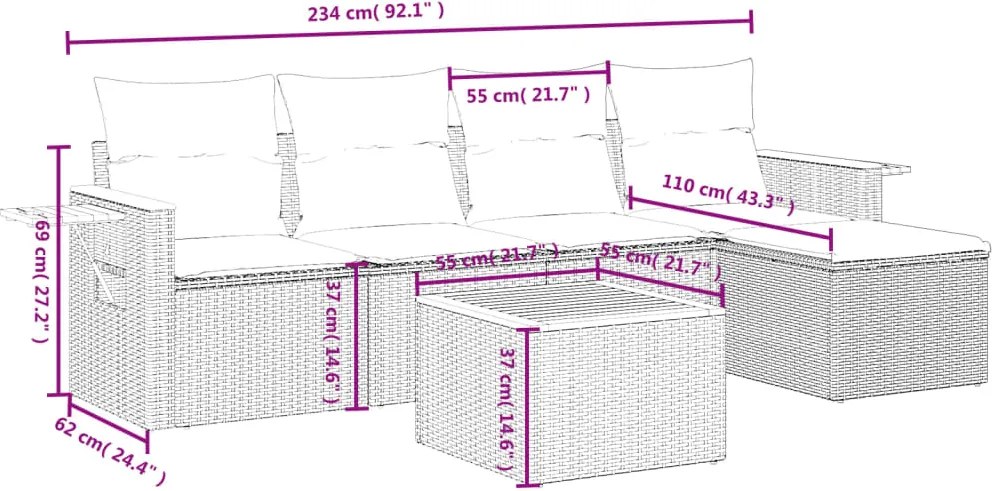 6dílná zahradní sedací souprava s poduškami šedá polyratan 3259169
