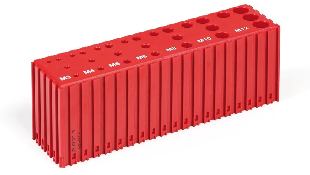 Plastový box pro ukládání závitníků M3-M12, modul 20x5, 28 dutin, červená