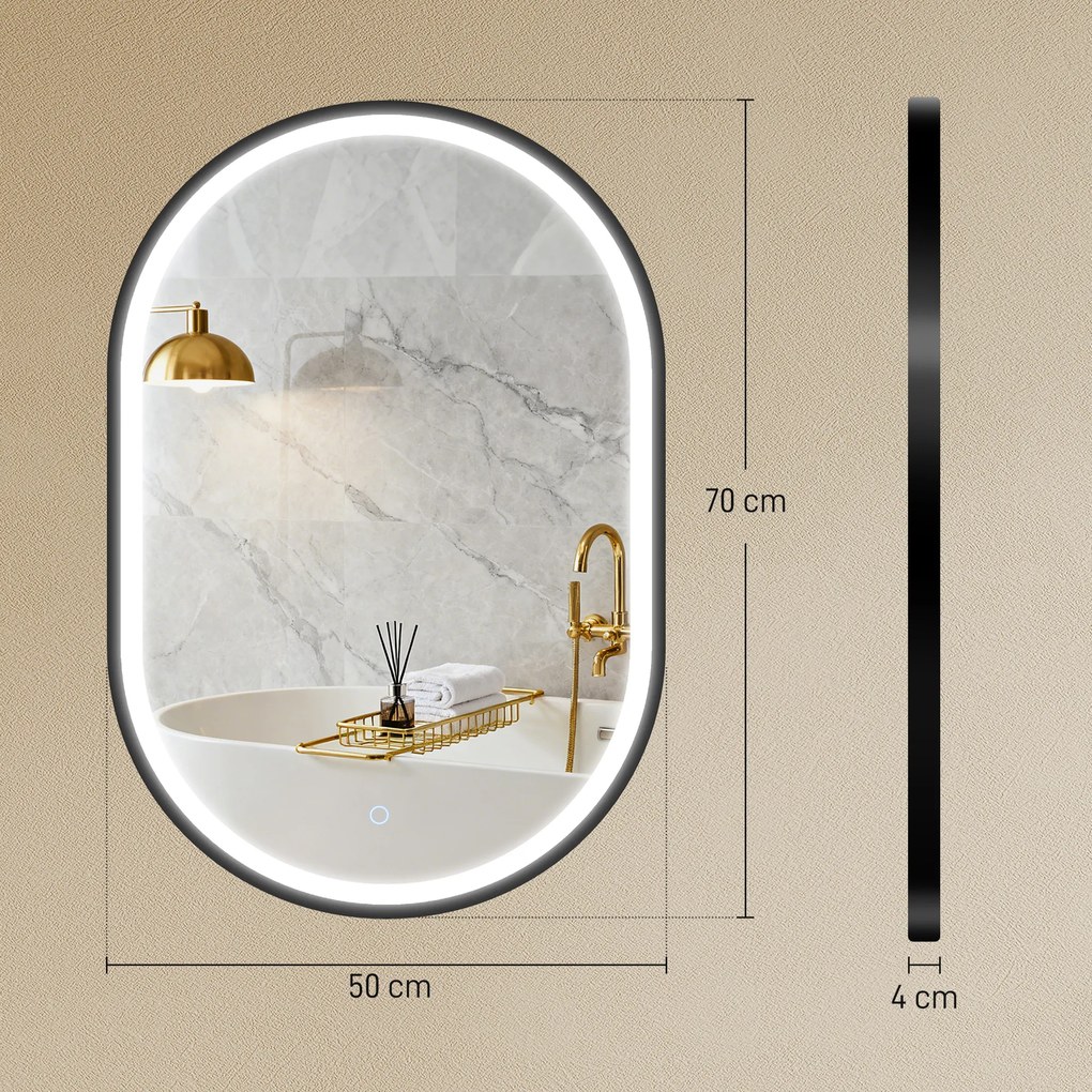 HOMCOM zrcadlo do koupelny s LED osvětlením 50x70 cm, nástěnné osvětlené zrcadlo s dotykovým spínačem, 3 barevná světla