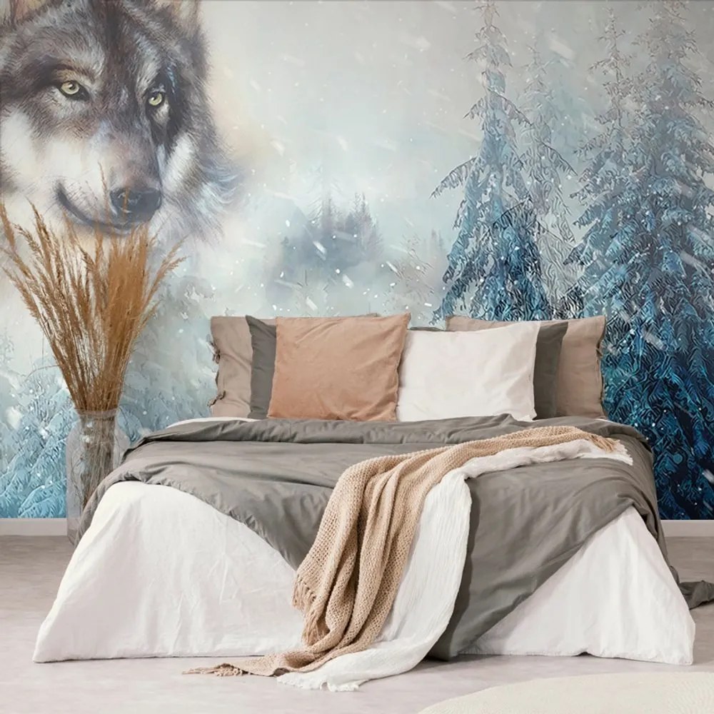 Tapeta vlk v zasněžené krajině - 150x100 cm