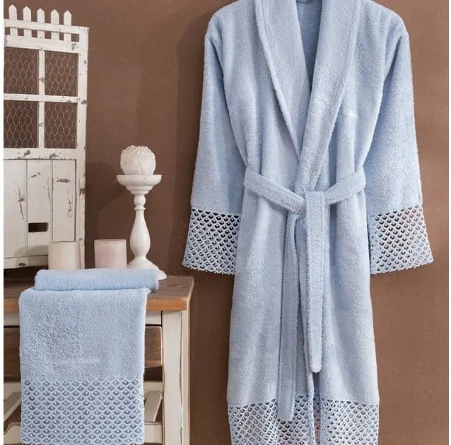 Set světle modrého dámského županu velikosti S/M a ručníku Bathrobe Set Lady