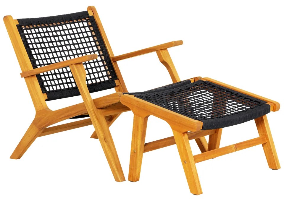 Zahradní křeslo Cali s podnožkou, 81 × 66 × 71 cm, akátové dřevo, textil, černé, přírodní