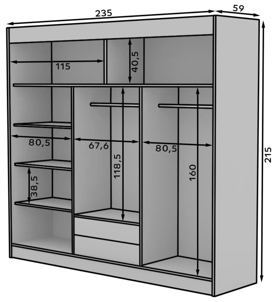 Šatní skříň s posuvnými dveřmi Erwin - 235 cm Barva: dub Sonoma