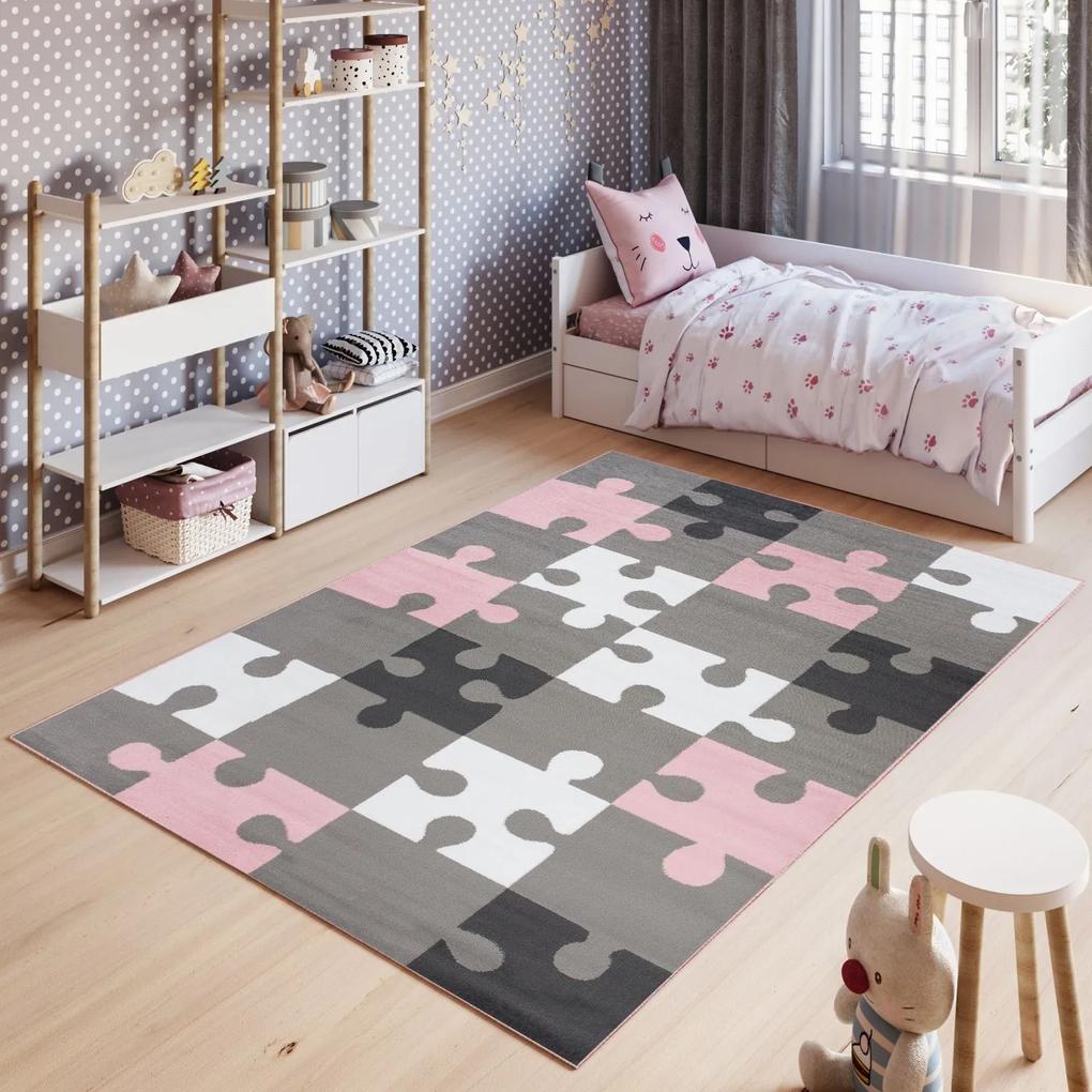 Dětský koberec PINKY Puzzle šedý, růžový - 80x150 cm