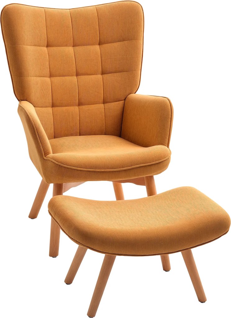 HOMCOM Křeslo s podnožkou, Vysoké křeslo s opěrkami, Dřevěné nohy, Lounge křeslo s prošívaným designem, Vzhled sametu, do obývacího pokoje, Hnědé | Ao