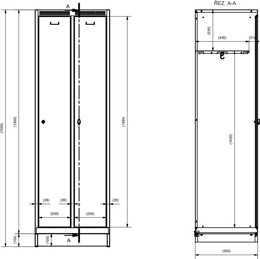 Kovová šatní skříňka S7 na soklu, 2 oddíly, 1904 x 600 x 500 mm, demont, otočný zámek, modré dveře