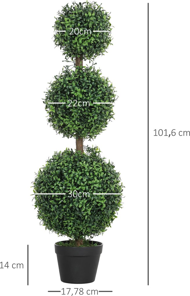 HOMCOM Sada 2 umělých stromů 101,6 cm, 3 kouličkové buxus topiary rostliny, umělá rostlina zelená PE s vnitřním a venkovním květináčem