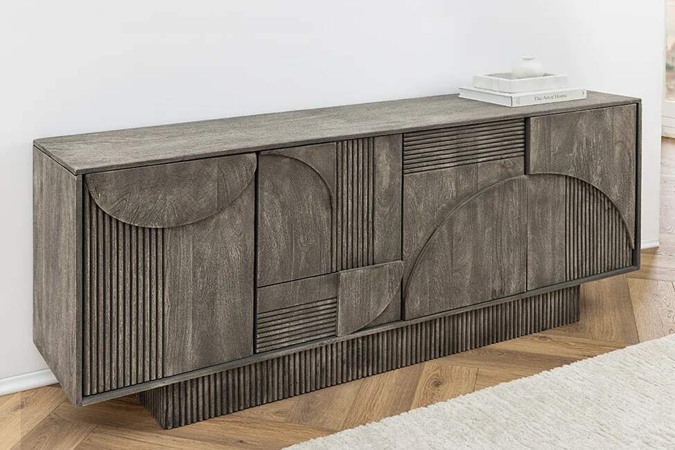 Designová 3D komoda z mangového masivu Art Deco kouřová šedá 170cm