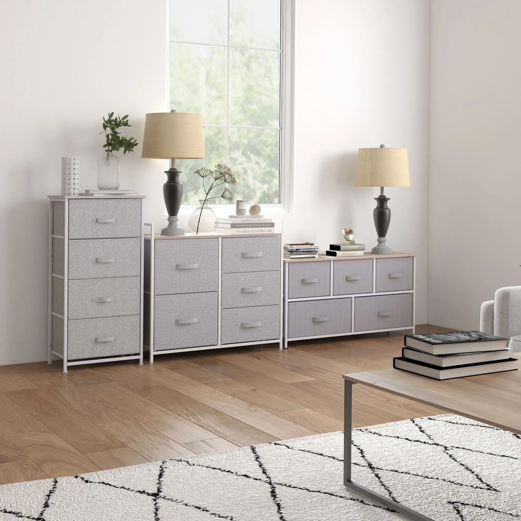 HOMCOM Komoda se 4 látkovými zásuvkami, úložný kabinet multifunkční pro ložnici, obývací pokoj a chodbu 45x30x92 cm šedá