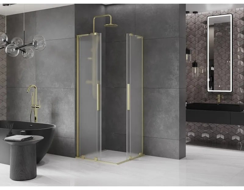 Mexen Velar L Duo, sprchový kout s posuvnými dveřmi 100 x 100 cm, 8mm sklo námraza, zlatá matná, 871-100-100-02-33-55