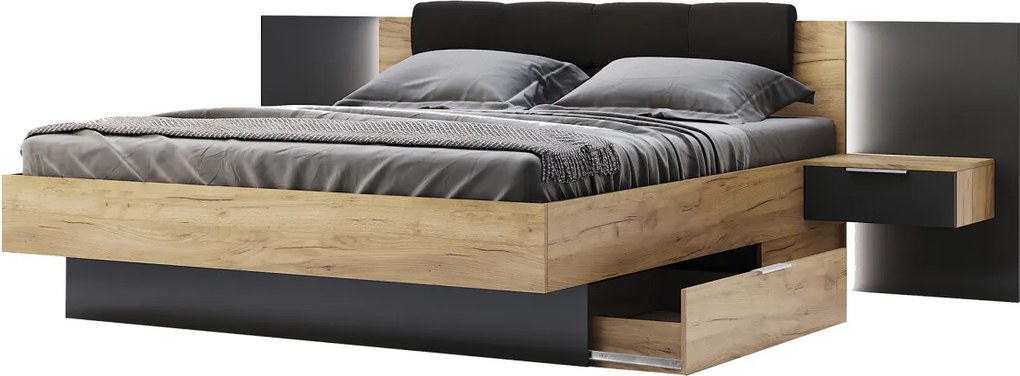 Sada Postel 180x200, měkké čelo, s nočními stolky (bez rámu) Lava / dub kraft Luna