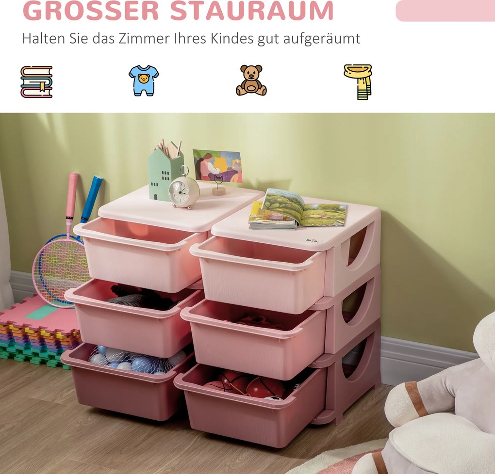 HOMCOM Plastový úložný box, úložný prostor na hračky, 6 zásuvek, organizér na hračky, komoda do dětského pokoje, růžová | Aosom