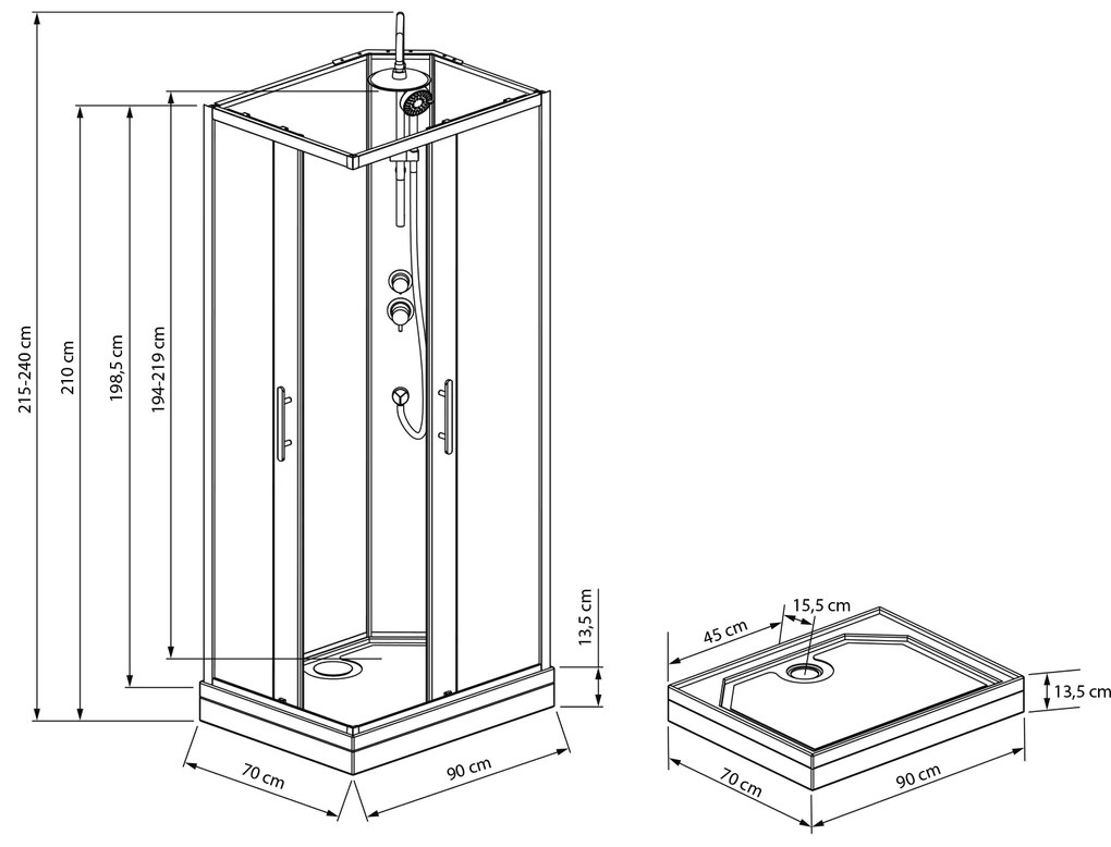 Aqualine GRANVIK obdélníkový sprchový box 700x900x2180mm, čiré sklo GG70X90