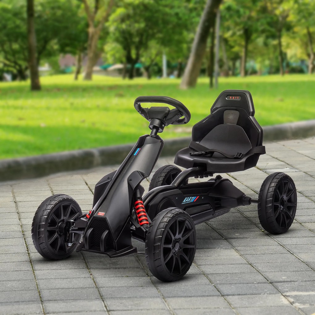 HOMCOM Dětský Go-Kart s Pedály a Ruční Brzdou, Nastavitelným Sedadlem, Přeřazovacím Mechanismem, Dětské Vozidlo s EVA Koly pro Děti ve Věku 3-8 Let