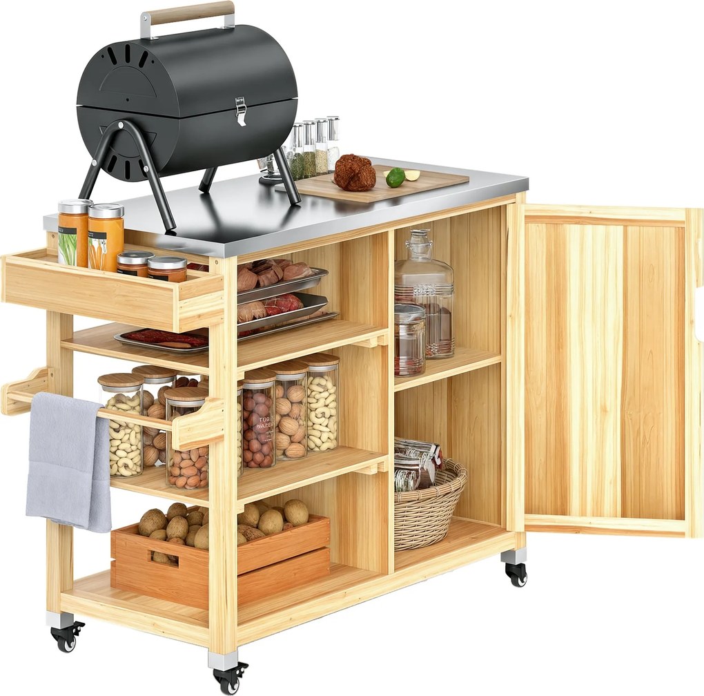 Grilovací stůl Outsunny 6-patrový vozík s pracovním povrchem, držák na utěrky, BBQ stůl z dřeva, boční grilovací stůl, venkovní vozík, uhlíkový gril d
