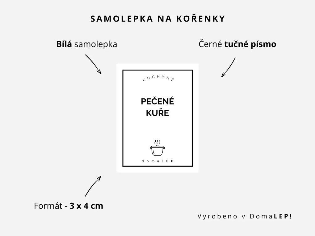 PEČENÉ KUŘE - Samolepka na kořenky 3 x 4 cm - DomaLEP varianta: BÍLÁ - tučné písmo