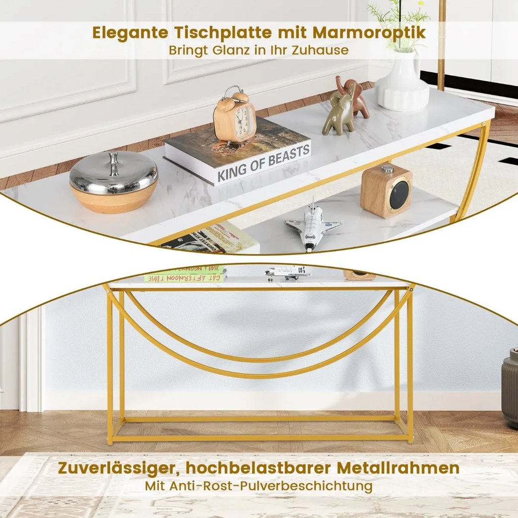 Costway Úzký konzolový stůl s mramorovou deskou 2 úrovně Sofa Table, bílý