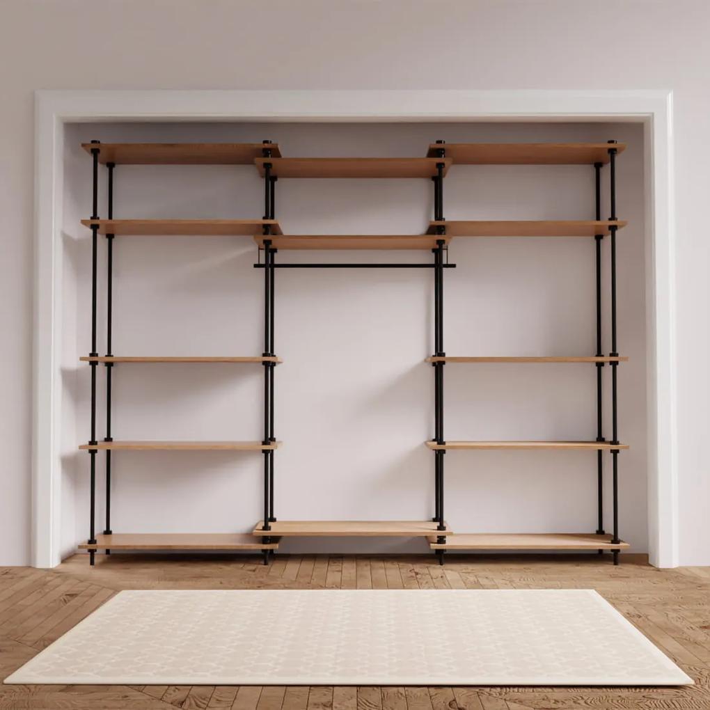 DECO - kombinace policového a šatníkového systému ze dřeva a kovu, 185x235x35 cm