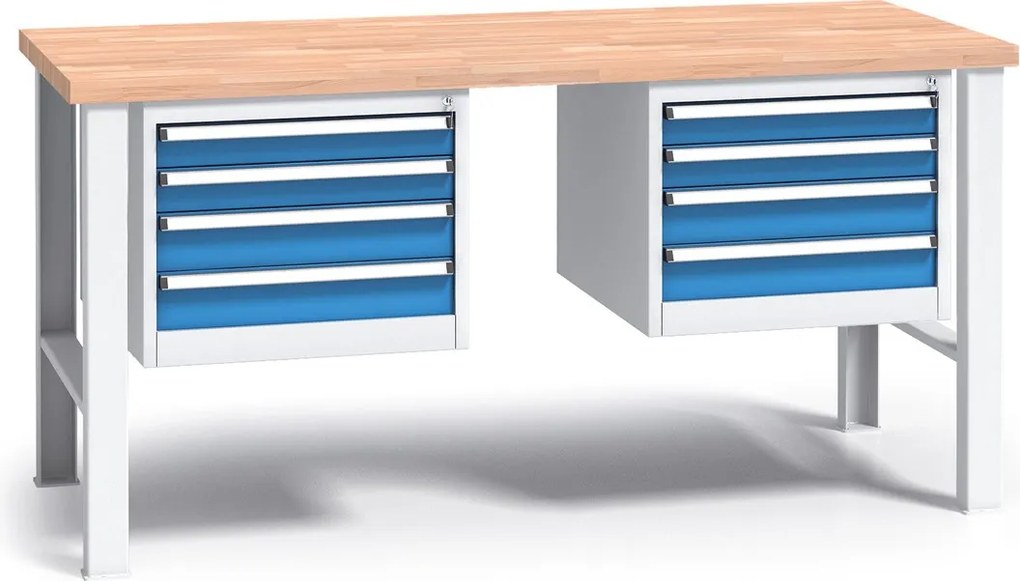 Pracovní stůl do dílny G3 se 2 závěsnými boxy na nářadí, buková spárovka, 8 zásuvek, pevné kovové nohy, 1700 mm, modrá