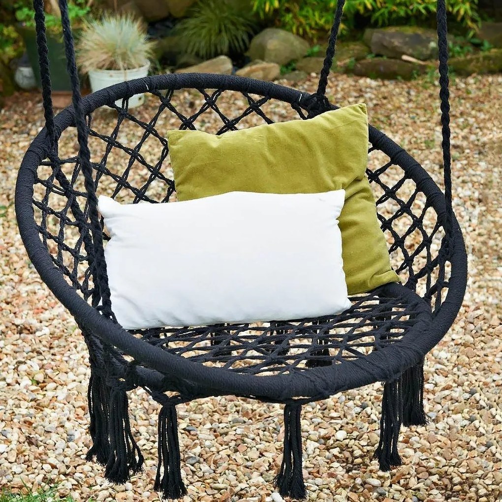 Bluegarden Rea, Závěsné boho křeslo s polštářem černé 490129A, OGR-03542