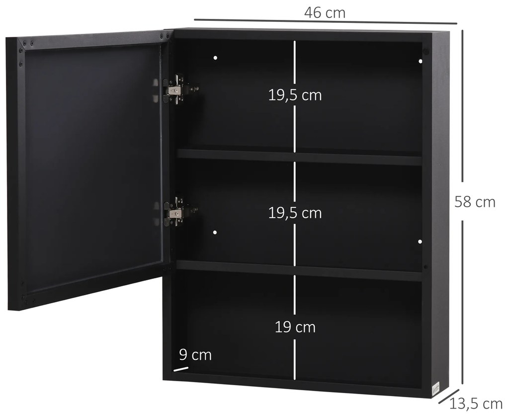 kleankin zrcadlová skříňka z nerezové oceli se 2 vnitřními policemi a otevřenou skleněnou policí do koupelny 46x13,5x58 cm
