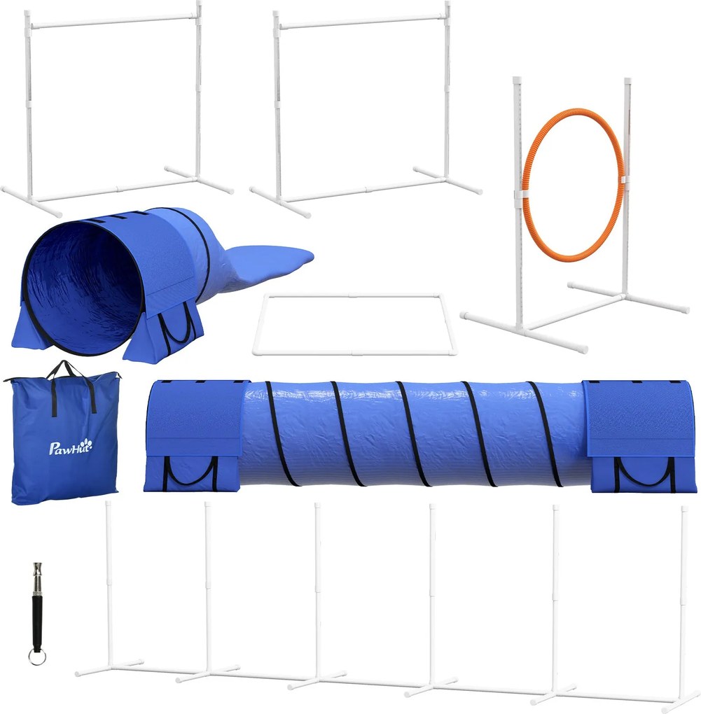 PawHut Sada agility pro psy, 7-dílná tréninková sada s nastavitelnými překážkami, tyčemi, pauzovací krabicí, tunelem, skákacím kroužkem, trojdílnou př