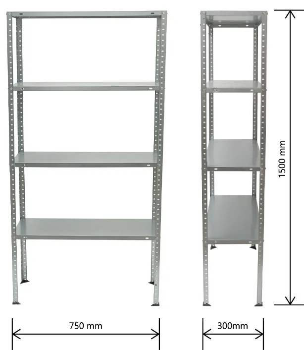 Celokovový policový regál | 4 police | 750 x 300 x 1500 mm Matabro MB-SH04