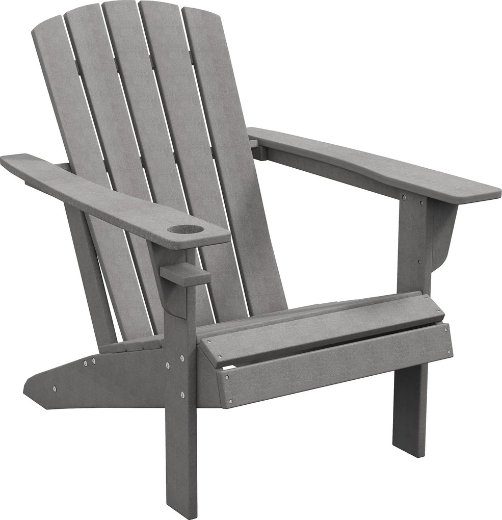 Zahradní křeslo Outsunny s držákem na hrnek, patio křeslo, venkovní křeslo, zahradní nábytek, balkonové křeslo, Adirondack, šedé, HDPE, 75 x 87 x 90 c