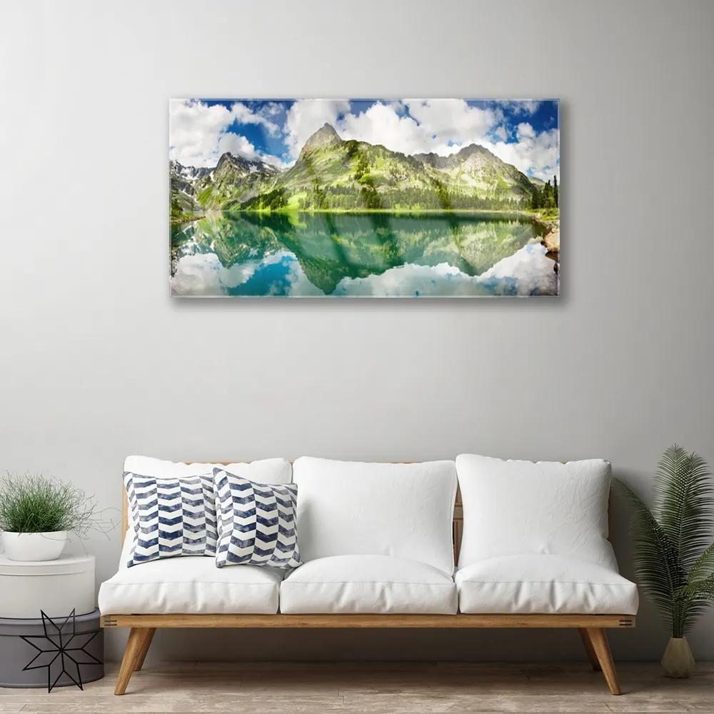 Obraz na skle Hory Jezero Krajina 100x50 cm