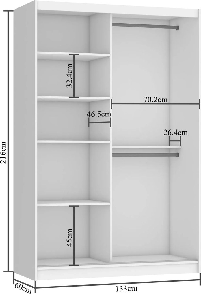 Šatní skříň 133 cm Belini bílý mat / bílý lesk s posuvnými dveřmi  BH SZP2/2/W/WI/5W/HI