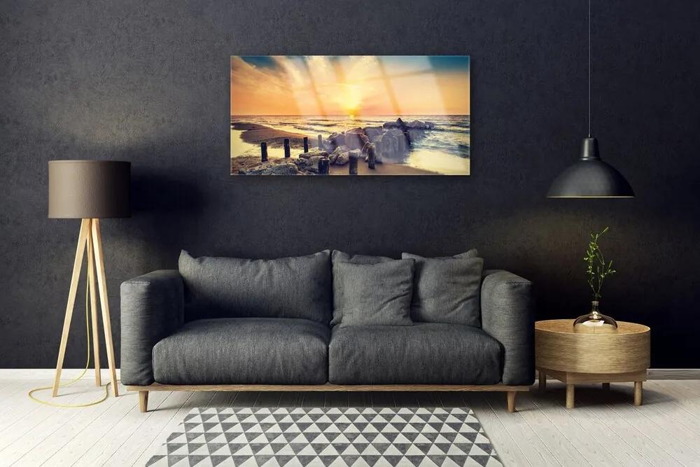 Obraz na skle Pláž Vlnolam Moře Západ 120x60 cm