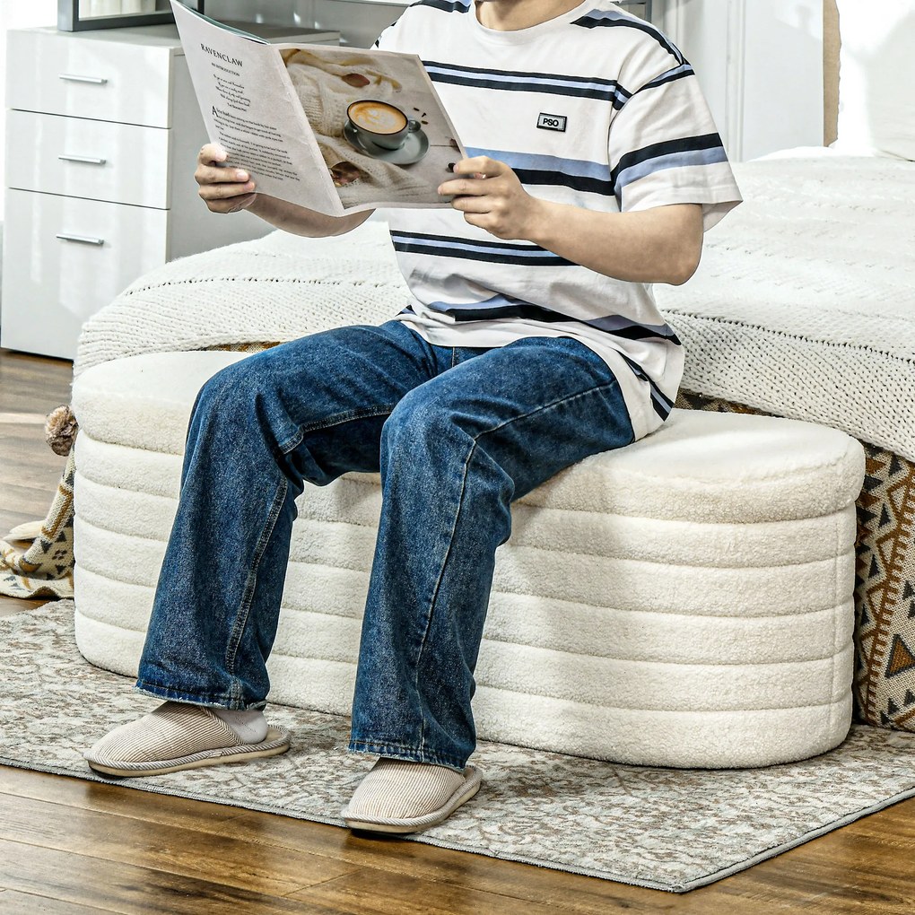 HOMCOM Ložnicová lavice s úložným prostorem a dřevěnými nohami, vysoká stabilita, plyšové rouno, nosnost 120 kg, 116x41x40,5 cm, krémově bílá
