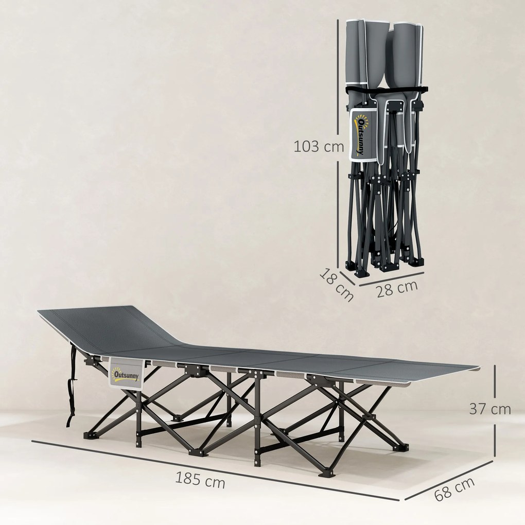 Kempingová postel skládací Kempingová postel s matrací Polštář Boční kapsa 185 x 68 x 37 cm do 150 kg Světle šedá