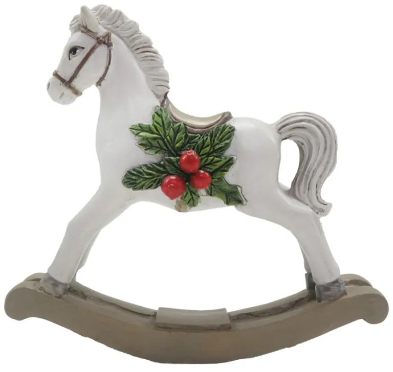 Dekorativní figurka bílý houpací koník s cesmínou – 11 cm cm