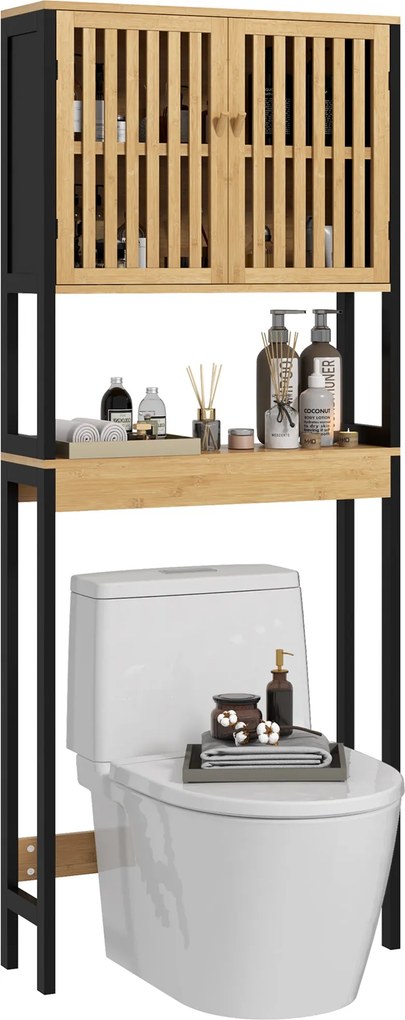 HOMCOM Kleankin Regál nad WC s koupelnovou skříňkou a 2 dveřmi, otevřeným policí 60D x 21,5Š x 172V cm, bambus - Přírodní dřevo a černá